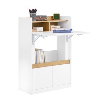 SoBuy Klappbarer Schreibtisch mit Ablagen und 2 Schubladen Gaming Tisch Kleiner Computertisch Arbeitstisch und Bürotisch für Homeoffice Weiß und Natur 63×93