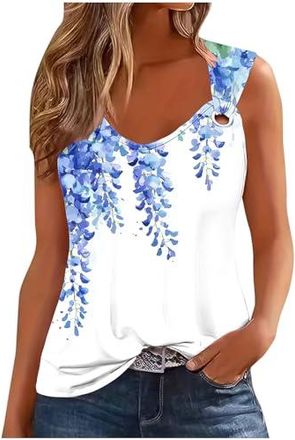 Generic Débardeur dété sans manches pour femme - Imprimé floral bohème - Col en V - Tunique à porter avec des leggings - Tenue tendance, A19 Bleu clair, M