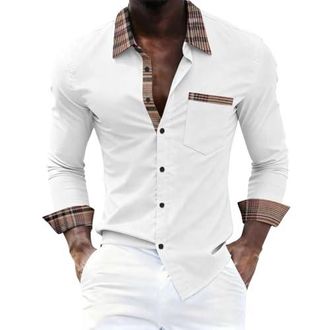 Generic Chemise habill&eacute;e &agrave; manches longues d&eacute;contract&eacute;e pour homme - Chemise ajust&eacute;e avec motif &agrave; carreaux - Chemise boutonn&eacute;e &agrave; carreaux - Col rabattu - Chem