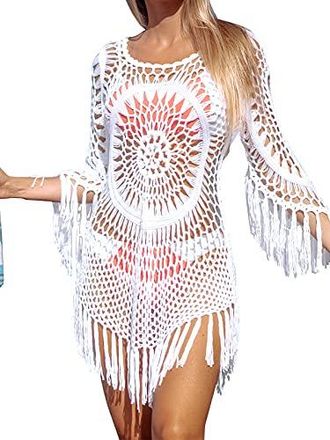 Cupshe Poncho de maillot de bain en crochet pour femme avec pompons, tailles S-XXL 2025, blanc, Medium