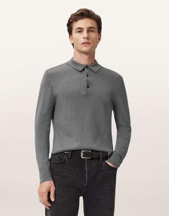 AllSaints Mode - Lang&auml;rmliges Polohemd aus Merinowolle in Asher Grey-Grau