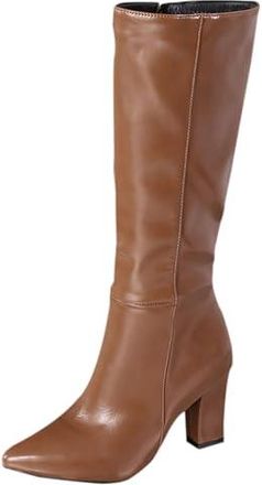 Generic Bottes montantes pour femme - Larges mollets - Longues bottines &eacute;l&eacute;gantes &agrave; bout pointu - Talon bloc - Cuir synth&eacute;tique - Fermeture &eacute;clair lat&eacute;rale - 