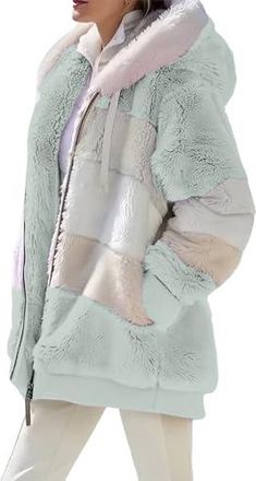 Generic Veste polaire en peluche pour femme avec fermeture éclair intégrale, bloc de couleurs, doux et confortable, manteau dhiver chaud et moelleux, vêtement