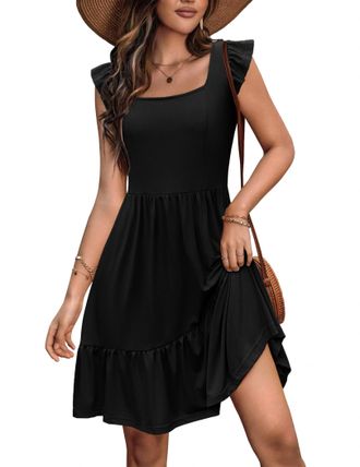 Zeagoo Kleid Damen Elegant Sommerkleid Blumendruck R&uuml;schen&auml;rmel A-Linien Kleid Knielang Strandkleid Sexy Quadratischer Ausschnitt Minikleid Schwarz XXL