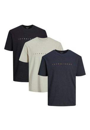 Jack & Jones T-Shirt 3er Pack Star JJ (Spar-Set, 3-tlg) T-Shirt - Baumwolle - Atmungsaktiv - Mit Print auf der Brust