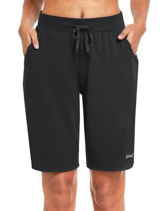 Baleaf Damen Bermuda Shorts Baumwolle Sporthose Kurz Knielang Sweathose Sommerhose mit Taschen 10 Activewear Hosen Loose Casual Freizeit Schwarz XXL