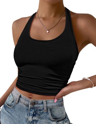 Ekouaer Neckholder Top Damen Karneval Crop Tops Tank Top Sommer Rückenfrei U-Ausschnitt Oberteil Gestrickt Crop Tops, Schwarz XXL