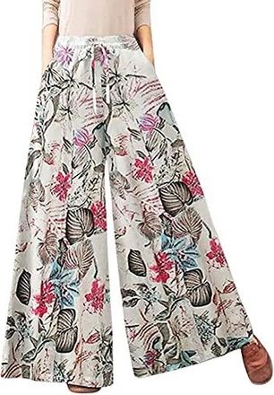 Lazutom Pantalon Palazzo taille haute pour femme - Style vintage - Motif floral - Jambe large, Rouge, 52