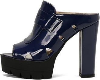 Generic Mules &agrave; Plateforme Cuir Verni Semelle &agrave; Crampons Femme Gros Talon Bloc Peep Toe &agrave; Enfiler Talons Hauts Sandales pour Style de Rue Festivalier et Tenue