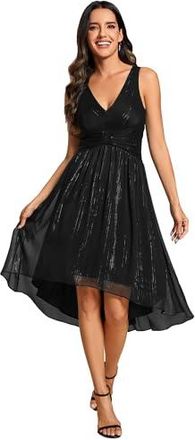 Ever-pretty Robe Invit&eacute;e Mariage Femme Pliss&eacute; sans Manches Col V Taille Empire Brillant Robe de C&eacute;r&eacute;monie Noir 44