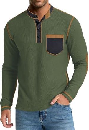 Generic Henley Chemises pour homme avec poche - T-shirt gaufr&eacute; &agrave; col montant - T-shirt &agrave; manches longues - T-shirt de golf d&eacute;contract&eacute; et respirant - Coupe dr