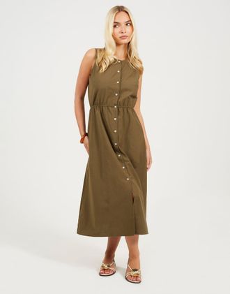 Brave Soul &auml;rmelloses Midi-Kleid mit Knopfleiste in Khaki-Gr&uuml;n