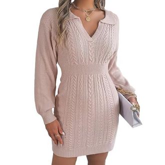 Generic Robe Pull Femme Moulante Hiver à col Revers, Manches Longues, décolleté Profond, élégante et Chaude