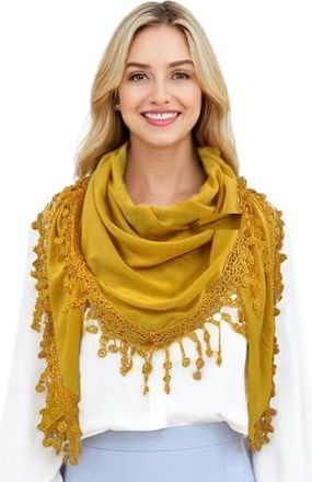 GFM Écharpe triangle unie en jersey avec dentelle et pompons -Jaune moutarde- (TRI-PLN-MTD-PLA)