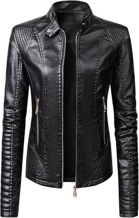 Generic Blouson de moto en similicuir avec fermeture &eacute;clair pour femme, Noir, XXL