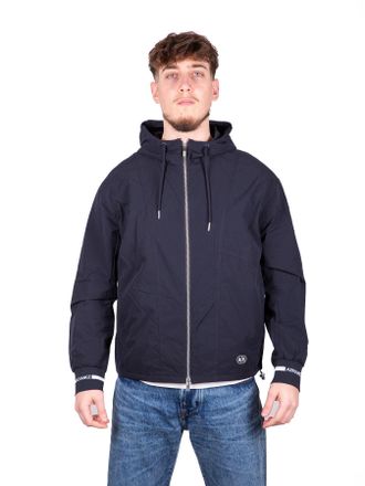 A|X Armani Exchange Mens Long Sleeve, Printed Logo Cuffs, Hooded Blouson Jacket, Deep Navy, XXL