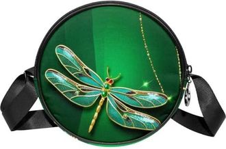 Generic Circle Sac &agrave; bandouli&egrave;re pour femme, petit sac &agrave; bandouli&egrave;re vert libellule avec fermeture &eacute;clair, bretelles r&eacute;glables, sac &agrave; main rond d&eacute;contract&eacute; po