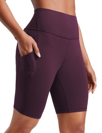 CRZ YOGA Damen Butterluxe Sport Radlerhose High Waist Yoga Gym Kurze Leggings Blickdichte Biker Shorts mit Tasche - 20cm Dunkellila 40