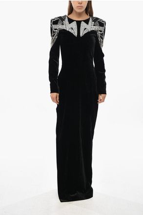 Balmain Open Back Velvet Maxi Dress with Jewels Gr&ouml;&szlig;e 40