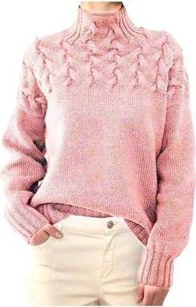 Generic Pull en tricot &agrave; col roul&eacute; pour femme, pull d&eacute;contract&eacute; chaud &agrave; manches longues, pulls &agrave; col roul&eacute; pour femme, rose, 3XL