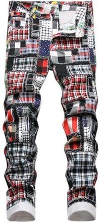 Generic Jean Homme Jean Homme Regular Jeans Homme Confortable Classique &agrave; Carreaux Patchwork Imprim&eacute; - Pantalon Denim D&eacute;contract&eacute; avec Design Graphique Tendan