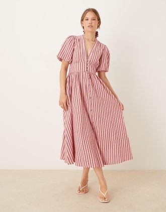 Nobody's Child Starlight - Robe mi-longue rayée à manches bouffantes - Rose