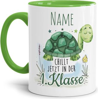 Tassendruck Tasse mit Spruch - In der 1. Klasse chillen - Geschenk zur Einschulung - Schildkröte - mit Wunschnamen Personalisieren - Keramiktasse Innen & Henkel H