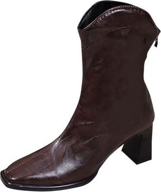 Generic Bottes de cowboy pour femme - Bottes western d&eacute;contract&eacute;es &agrave; bout carr&eacute; - Fermeture &eacute;clair dans le dos - &Eacute;l&eacute;gantes talons &eacute;pais - Bottes mi-mollet con