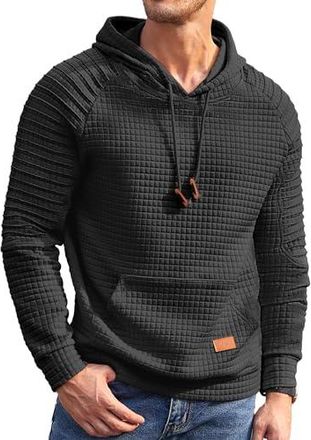 Coofandy Sweats à Capuche pour Hommes Pull-Over à Carreaux uni Sweat-Shirts à Manches Longues à Capuche avec Cordon de Serrage décontracté avec Poche Noir M