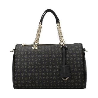 Pollini Logo Print PVC Schultertasche mit Lederbesatz und Goldkette - - Bags - Damen - Schwarzk - ONE SIZE