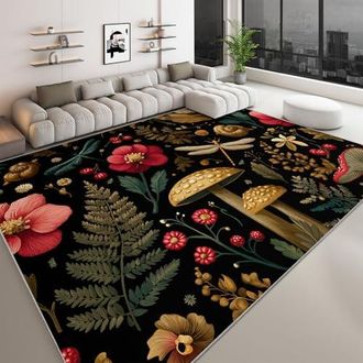 Generic Tapis Noir Lavable pour Salon, Tapis &agrave; Poils Courts Antid&eacute;rapant R&eacute;tro Plante Champignon Nature pour Enfants Bureau Salle &agrave; Manger Cuisine et Chambre 