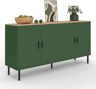 IDMarket Buffet 160 cm KELIA 4 portes vert kaki et plateau bois