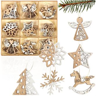 Com-Four 27-teiliges Tannenbaumschmuck Holz-Anhänger Set - Weihnachtsbaumschmuck zum Dekorieren für den Weihnachtsbaum - Christbaumschmuck (X-Mas 1-27 Stück)