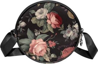 Generic Sac &agrave; bandouli&egrave;re rond pour femme, sac &agrave; bandouli&egrave;re classique vintage &agrave; motif floral avec fermeture &eacute;clair, bretelles r&eacute;glables, sac &agrave; main rond d&eacute;co