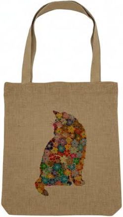 Fabulous Sac Shopping Tote Bag Aspect Lin - Jolie Illustration Art Chat Fait de Fleurs Multicolor - Sac de Courses Toile Epaisse 360g Beige Naturel Cabas Port&eacute;