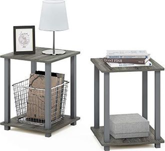 Furinno Simplistic Sofatisch, Couchtisch, Beistelltisch, mit 2 Ebenen, 2-er Set, Französische Eiche/Grau