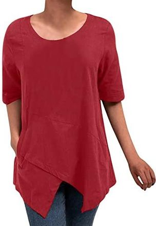 Generic Chemisiers d&eacute;t&eacute; pour femme - Grande taille - Manches quart - T-shirts en coton pour femme - Coupe ample - Chemise en lin boh&egrave;me ample - Haut blanc - H