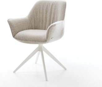 DELIFE Drehstuhl Keila-Flex mit Armlehnen Webstoff Soft Beige Kreuzgestell breit Wei&szlig; 360&deg; drehbar Wippfunktion, Esszimmerst&uuml;hle