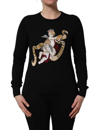 Dolce & Gabbana Womens Intarsia-Knit Angels Sweater Black Silk Virgin Wool