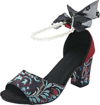 Generic Sandales dété pour femme Taille 39 Broderie Talon épais Boucle Plateforme haute Bouche de poisson 4, Rouge, 37.5 EU