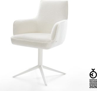 DELIFE Drehstuhl Heira-Flex mit Armlehnen Boucl&eacute; Soft Beige Fu&szlig;kreuz Wei&szlig; 360&deg; drehbar Wippfunktion Taschenfederkern, Esszimmerst&uuml;hle