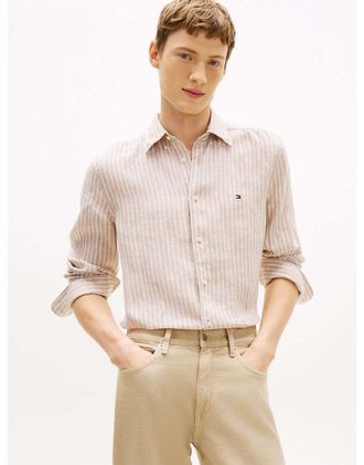 Tommy Hilfiger Hemd aus reinem Leinen in Beige mit regul&auml;rer Passform und Bengal-Streifen-Braun
