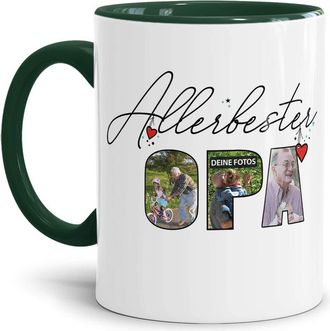 Tassendruck Fototasse mit Spruch - Allerbester Opa - zum Selbst gestalten mit Foto-Collage für 3 Fotos, Innen & Henkel Dunkelgrün, 300 ml