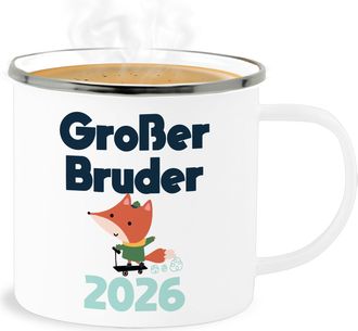 Shirtracer Emaille Becher Blechbecher - Tassen - Großer Bruder 2026 Fuchs - 300 ml - Weiß Silber - tasse grosser big brother bro geschenk geburt große brüder 202
