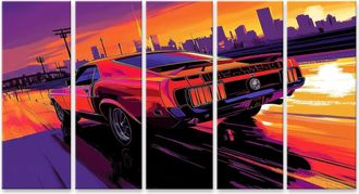 Islandburner Bild auf Leinwand Sonnenuntergang und Retro Auto in der Stadt Bilder Wandbilder Poster