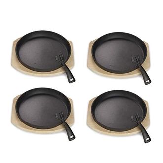 Echtwerk Set de 4 po&ecirc;les &agrave; servir en fonte, avec planche &agrave; servir, Poign&eacute;e amovible, D&eacute;j&agrave; cuite, Convient pour les fours, grills et BBQ, &Oslash; 25 cm