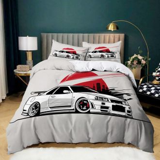 Generic Karikatur Bettw&auml;sche 3 Teilig f&uuml;r Erwachsene Kinder 135 x 200 cm, Auto Tuschemalerei Kuschelig Atmungsaktive Bettbezug - Weich Mikrofaser Bettw&auml;sche-S