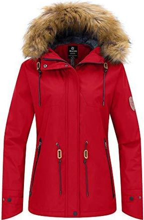 Wantdo Femme Veste de Ski Imperméable avec Capuche Fausse Fourrure Manteau dhiver Chaud Veste de Snowboard Outdoor Veste Randonnée Travail Coupe-Vent Rouge X