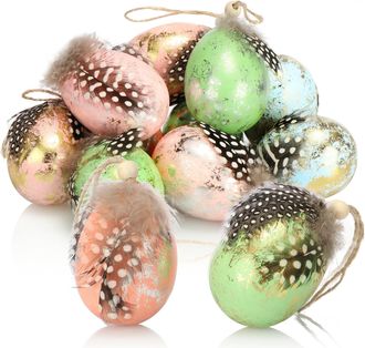Com-Four 12x Ostereier zum Anh&auml;ngen 7 x 4 cm - Elegante H&auml;ngedeko f&uuml;r den Osterstrauch - Ostereier mit Federn und Holzperle in Glanz-Optik - Deko-Eier aus Kuns