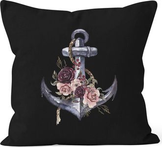 Autiga Kissenbezug Anker Blumen Aquarell Watercolor Kissen-Hülle Deko-Kissen Baumwolle schwarz Unisize